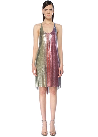 Paco Rabanne Kadın Degrade Midi Metalik Örgü Kokteyl Elbise 36 FR