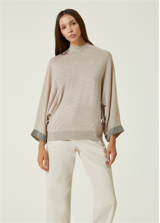 Brunello Cucinelli Kadın Bej Dik Yaka Zincir Şeritli Yün Triko XS EU Brunello Cucinelli Kadın Bej Dik Yaka Zincir Şeritli Yün Triko XS EU