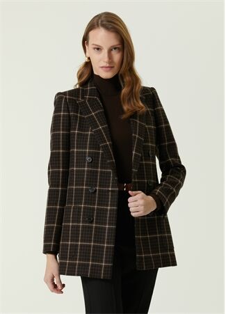 Kadın Kahverengi Kazayağı Desenli Kruvaze Yün Ceket 36 IT