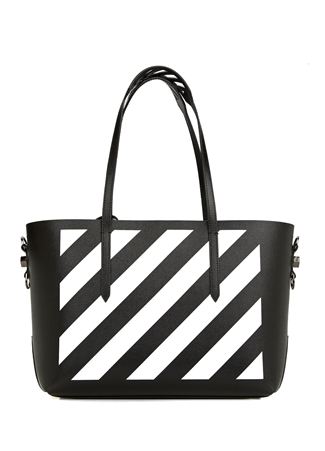 Off-White Kadın Siyah Beyaz Şerit Baskılı Deri Omuz Çantası EU Off-White Kadın Siyah Beyaz Şerit Baskılı Deri Omuz Çantası EU