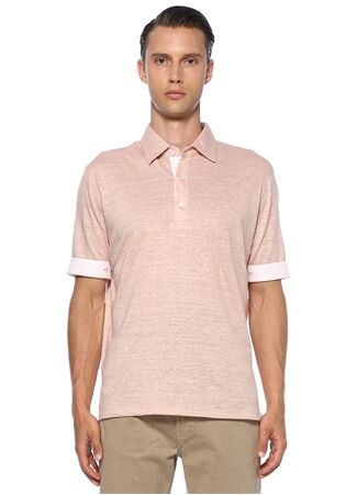 Caruso Erkek Pembe Polo Yaka Keten T-shirt S US