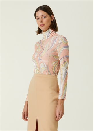 Emilio Pucci Kadın Pembe Sarı Balıkçı Yaka Desenli Bluz 40 IT