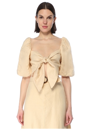 Faithfull The Brand Kadın Idrissy Ekru Önü Bağcıklı Crop Keten Bluz Bej S EU