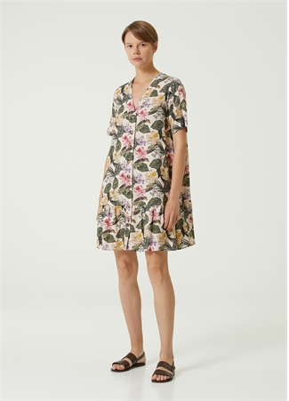 Beymen Club Kadın Bej V Yaka Tropikal Desenli Mini Elbise 36 Beymen Club Kadın Bej V Yaka Tropikal Desenli Mini Elbise 36