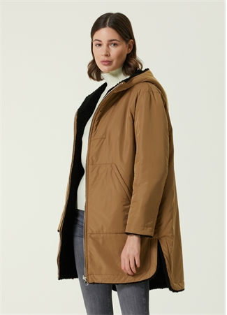 Meteo by Yves Salomon Kadın Camel Siyah Çift Taraflı Kapüşonlu Shearling Mont Bej 38 FR Meteo by Yves Salomon Kadın Camel Siyah Çift Taraflı Kapüşonlu Shearling Mont Bej 38 FR