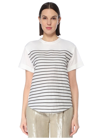 Brunello Cucinelli Kadın Lacivert Beyaz Bisiklet Yaka Şeritli T-shirt L EU