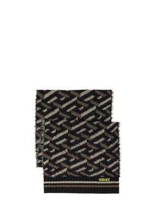 Versace Kadın Siyah Haki Geometrik Jakarlı Yün Atkı EU
