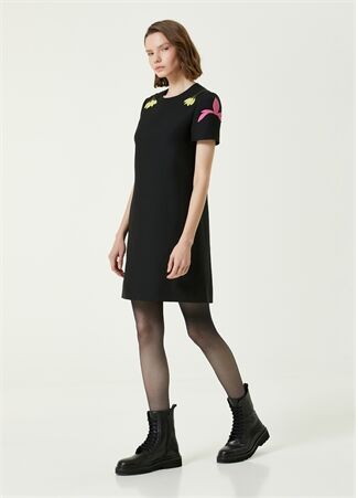 Valentino Kadın Siyah Çiçek Nakışlı Mini Yün Elbise 42 IT