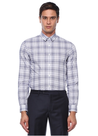 Pal Zileri Erkek Mavi Beyaz Ekose Desenli İngiliz Yaka Gömlek 38 IT
