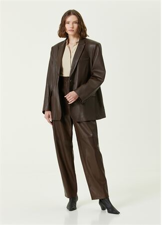 The Mannei Kadın Kahverengi Yüksek Bel Pilili Deri Pantolon 36 FR