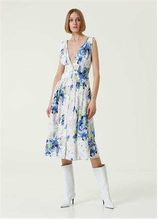 Philosophy di Lorenzo Serafini Kadın Mavi Beyaz V Yaka Çiçekli Midi Elbise 40 IT