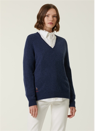 Polo Ralph Lauren Kadın Lacivert V Yaka Yün Kazak XS EU