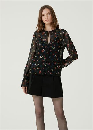 Red Valentino Kadın Siyah Yakası Bağcıklı Çiçekli Bluz 38 IT