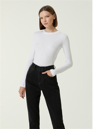 Academia Kadın Beyaz Bisiklet Yaka Ribli Uzun Kol T-shirt S