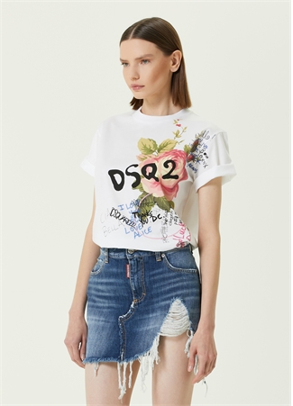 Dsquared2 Kadın Beyaz Bisiklet Yaka Baskılı T-shirt S EU Dsquared2 Kadın Beyaz Bisiklet Yaka Baskılı T-shirt S EU