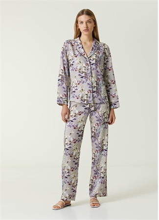 Elli2 Nightwear Kadın Gri Çiçek Desenli Pijama Seti Mor L EU