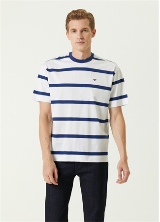 Emporio Armani Erkek Mavi Beyaz Çizgi Desenli Logolu T-shirt S EU Emporio Armani Erkek Mavi Beyaz Çizgi Desenli Logolu T-shirt S EU