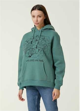 Look Project Kadın Take It Ez Yeşil Kapüşonlu Baskılı Sweatshirt M EU