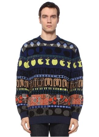 Paul Smith Erkek Lacivert Bisiklet Yaka Desenli Yün Kazak S EU