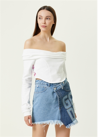 Gcds Kadın Beyaz Düşük Omuzlu Baskılı Sweatshirt Xs Eu