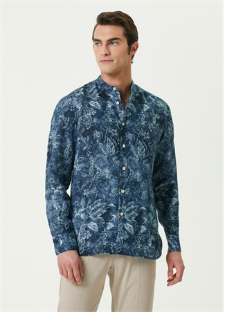 Kiton Erkek Mavi Çiçek Desenli Keten Gömlek 4 It Kiton Erkek Mavi Çiçek Desenli Keten Gömlek 4 It