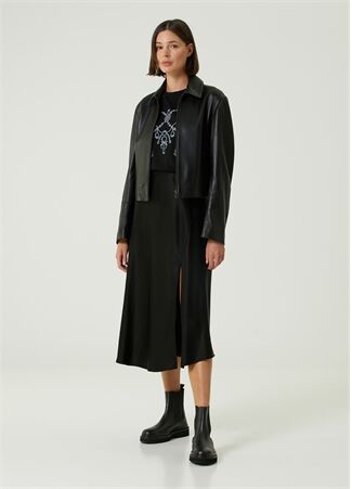 Academia Kadın Siyah Yırtmaçlı Midi Saten Etek 42