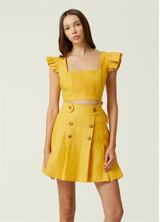 Dahlia Bianca Kadın Lily Sarı Omuzları Fırfırlı Keten Bluz S EU