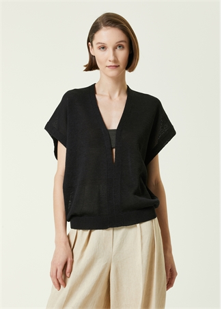 Brunello Cucinelli Kadın Siyah V Yaka Zincir Şeritli Kısa Kol Triko S EU Brunello Cucinelli Kadın Siyah V Yaka Zincir Şeritli Kısa Kol Triko S EU