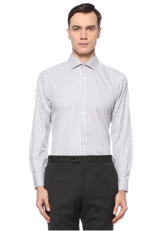 Pal Zileri Erkek Gri Beyaz İngiliz Yaka Çizgili Gömlek 42 IT