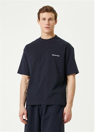 Balenciaga Erkek Lacivert Logo Nakışlı T-shirt S EU