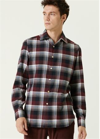 Kiton Erkek Bordo Ekose Desenli Gömlek L EU