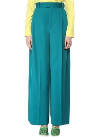 Bottega Veneta Kadın Petrol Pilili Bol Paça Yün Pantolon Mavi 42 IT