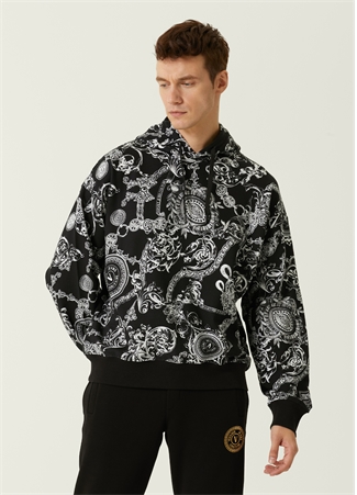 Versace Jeans Couture Erkek Siyah Gri Kapüşonlu Desenli Sweatshirt S EU Versace Jeans Couture Erkek Siyah Gri Kapüşonlu Desenli Sweatshirt S EU