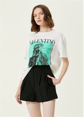 Valentino Kadın Beyaz Bisiklet Yaka Baskılı T-shirt Xs Eu