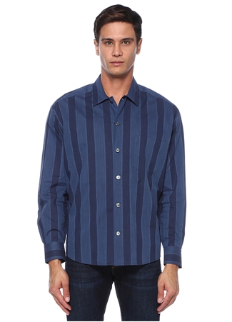 Pal Zileri Erkek Lacivert İngiliz Yaka Çizgili Gömlek 42 IT