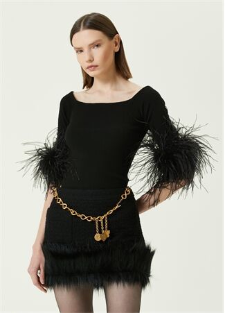 Kadın Siyah Tüy Detaylı Ribli Yün Kazak XS EU