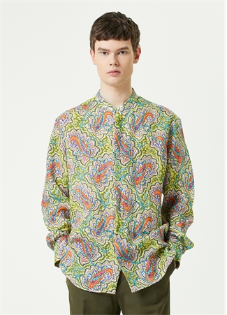 Etro Erkek Haki Etnik Desenli Keten Gömlek 42 IT Etro Erkek Haki Etnik Desenli Keten Gömlek 42 IT