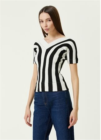 Bottega Veneta Kadın Siyah Beyaz V Yaka Çizgili Bluz S Eu