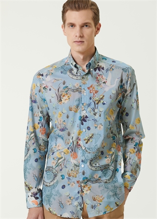 Etro Erkek Mavi Düğmeli Yaka Figür Desenli Gömlek 39 IT Etro Erkek Mavi Düğmeli Yaka Figür Desenli Gömlek 39 IT