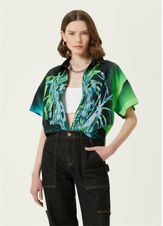 Academia Kadın Yeşil Tropikal Desenli Kısa Kol Koton Gömlek 34 Eu