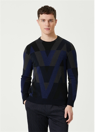 Valentino Erkek Siyah Lacivert Logo Jakarlı Yün Kazak S EU Valentino Erkek Siyah Lacivert Logo Jakarlı Yün Kazak S EU