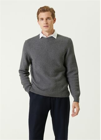 Emporio Armani Erkek Gri Balıksırtı Dokulu Yün Kazak L EU