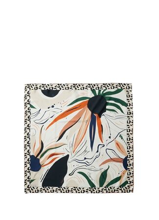 Beymen Kadın Çiçekli Kenarı Leoparlı 90x90 cm İpek Eşarp Kahverengi EU