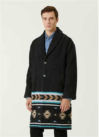 Frontstreet 8 Erkek Siyah Etnik Desen Detaylı Palto 46 IT