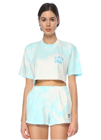 Livincool Kadın Mavi Bisiklet Yaka Batik Desenli Crop T-shirt M EU