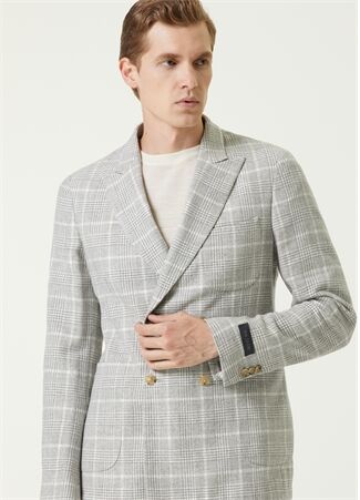 Pal Zileri Erkek Gri Ekoseli Kruvaze Ceket 48 IT
