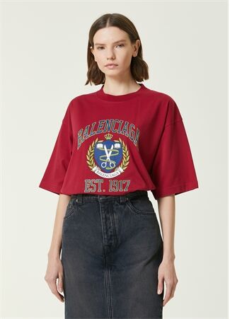 Balenciaga Kadın Bordo Bisiklet Yaka Logolu T-shirt XS EU
