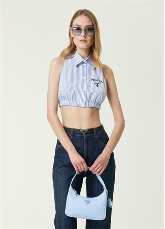 Prada Kadın Mavi Gömlek Yaka Çizgili Crop Bluz 42 IT Prada Kadın Mavi Gömlek Yaka Çizgili Crop Bluz 42 IT