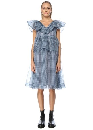 Ganni Kadın Mavi V Yaka Kareli Volanlı Midi Elbise 34 FR