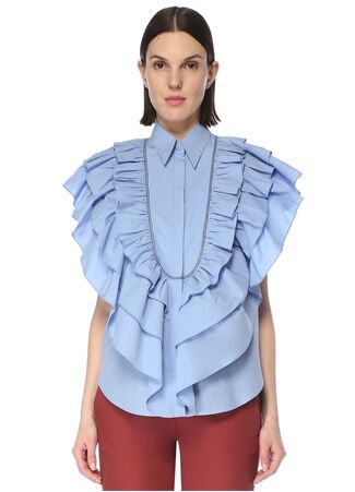 Brunello Cucinelli Kadın Mavi Fırfır Detaylı Gömlek S EU